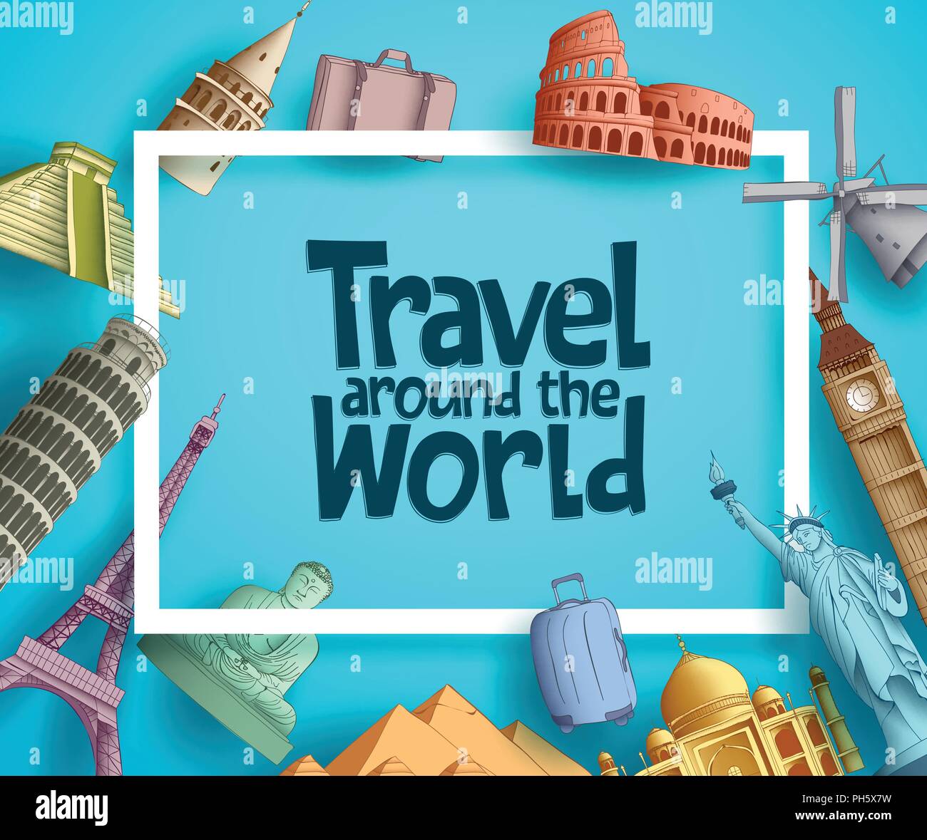 Travel around the world vector banner template design with frame and ...