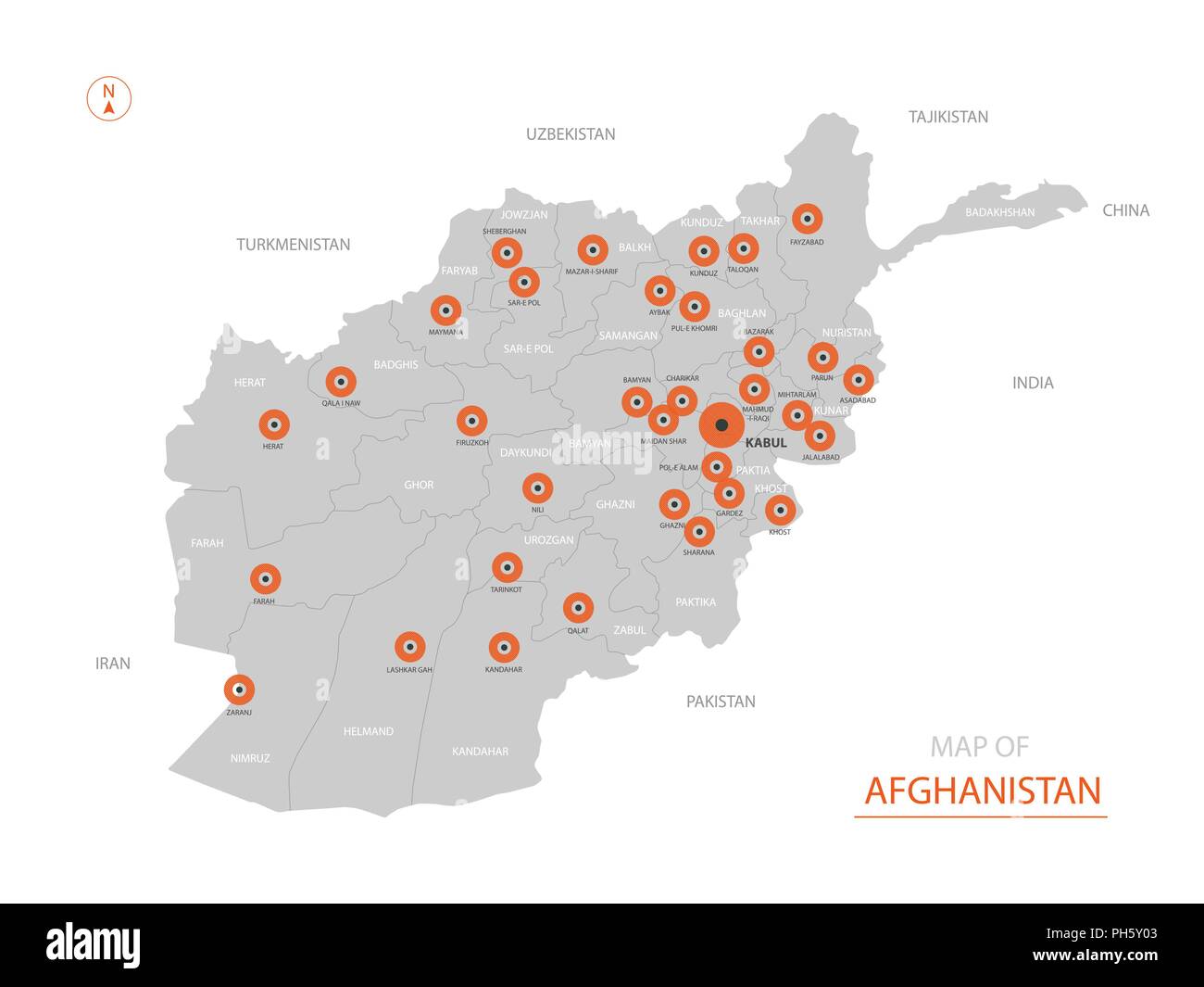 Stylized vector Afghanistan map showing big cities, capital Kabul ...