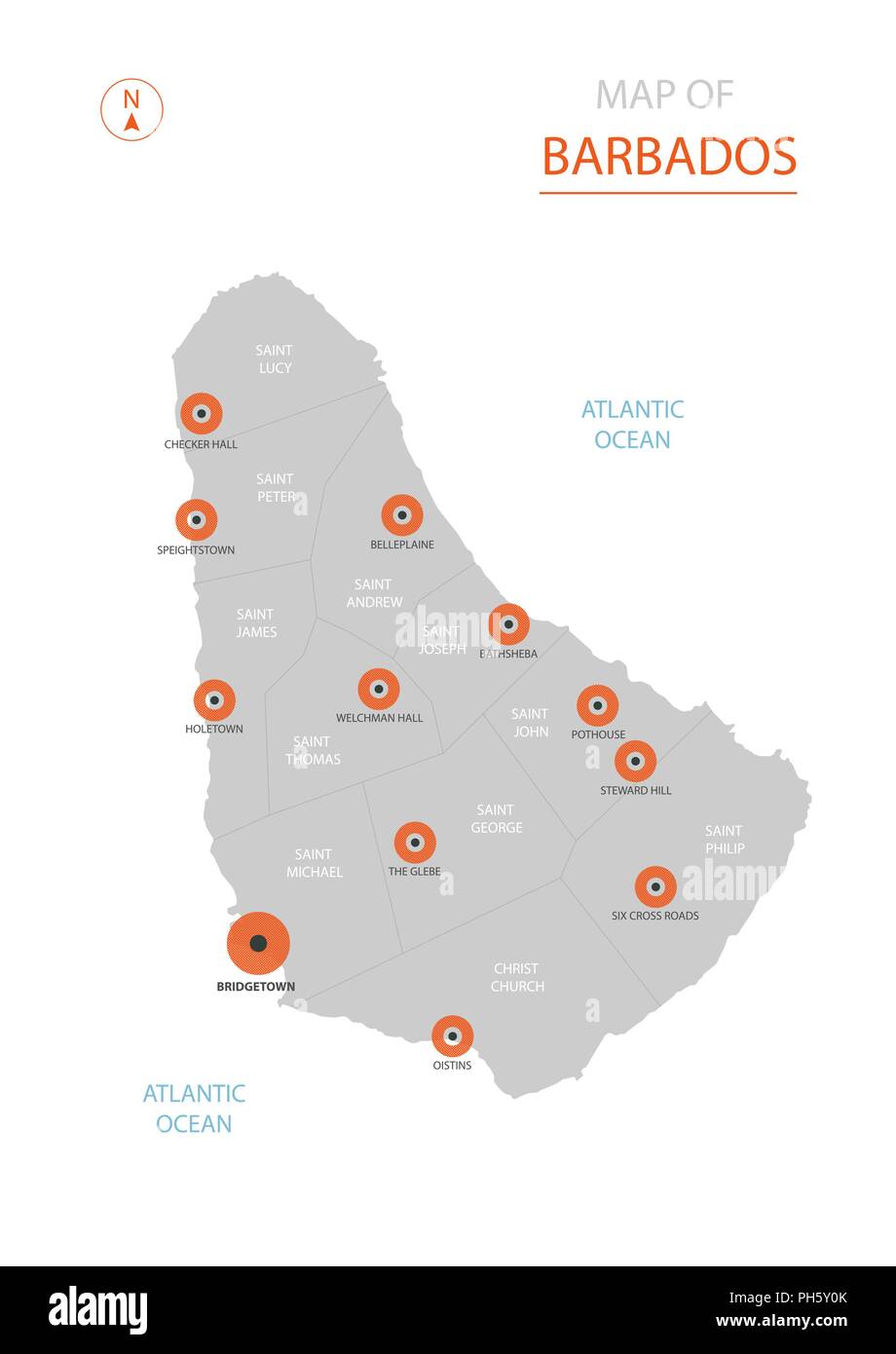 Stylized vector Barbados map showing big cities, capital Bridgetown ...