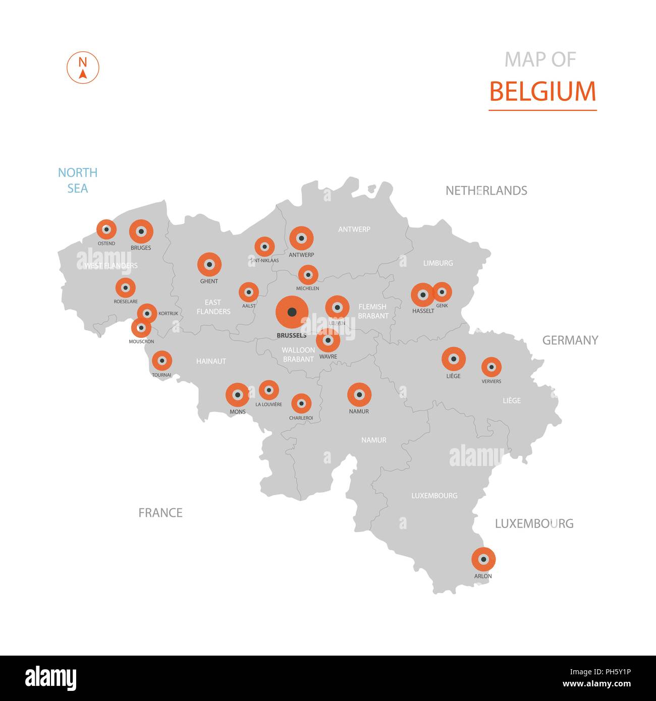 Stylized vector Belgium map showing big cities, capital Brussels ...