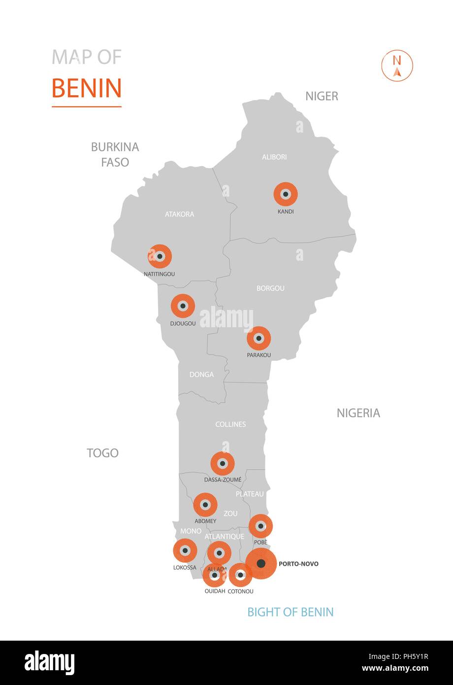 Stylized vector Benin map showing big cities, capital Porto Novo ...