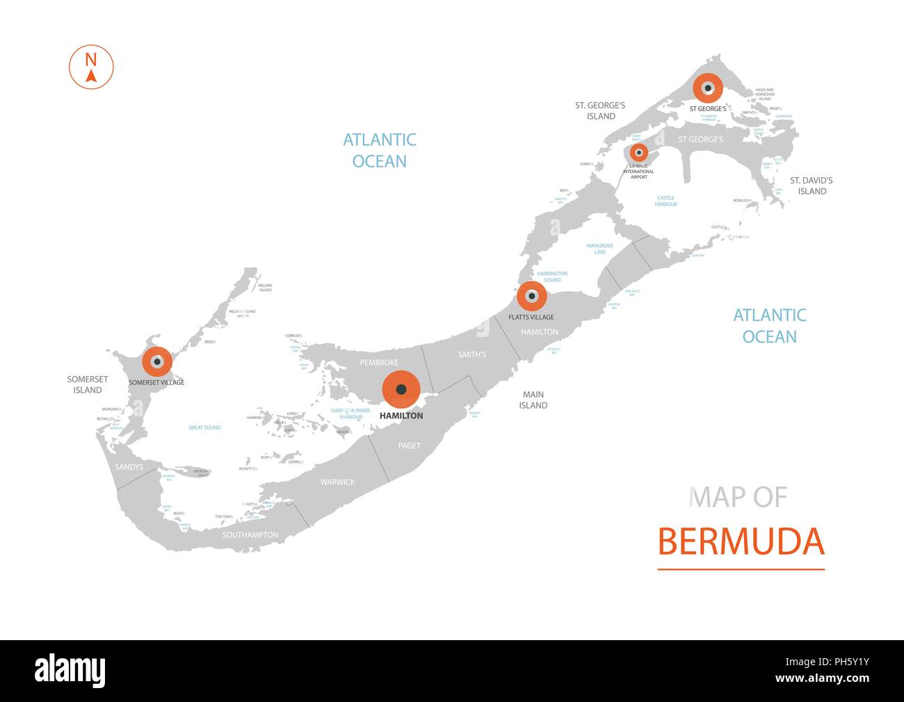 Stylized vector Bermuda map showing big cities, capital Hamilton ...
