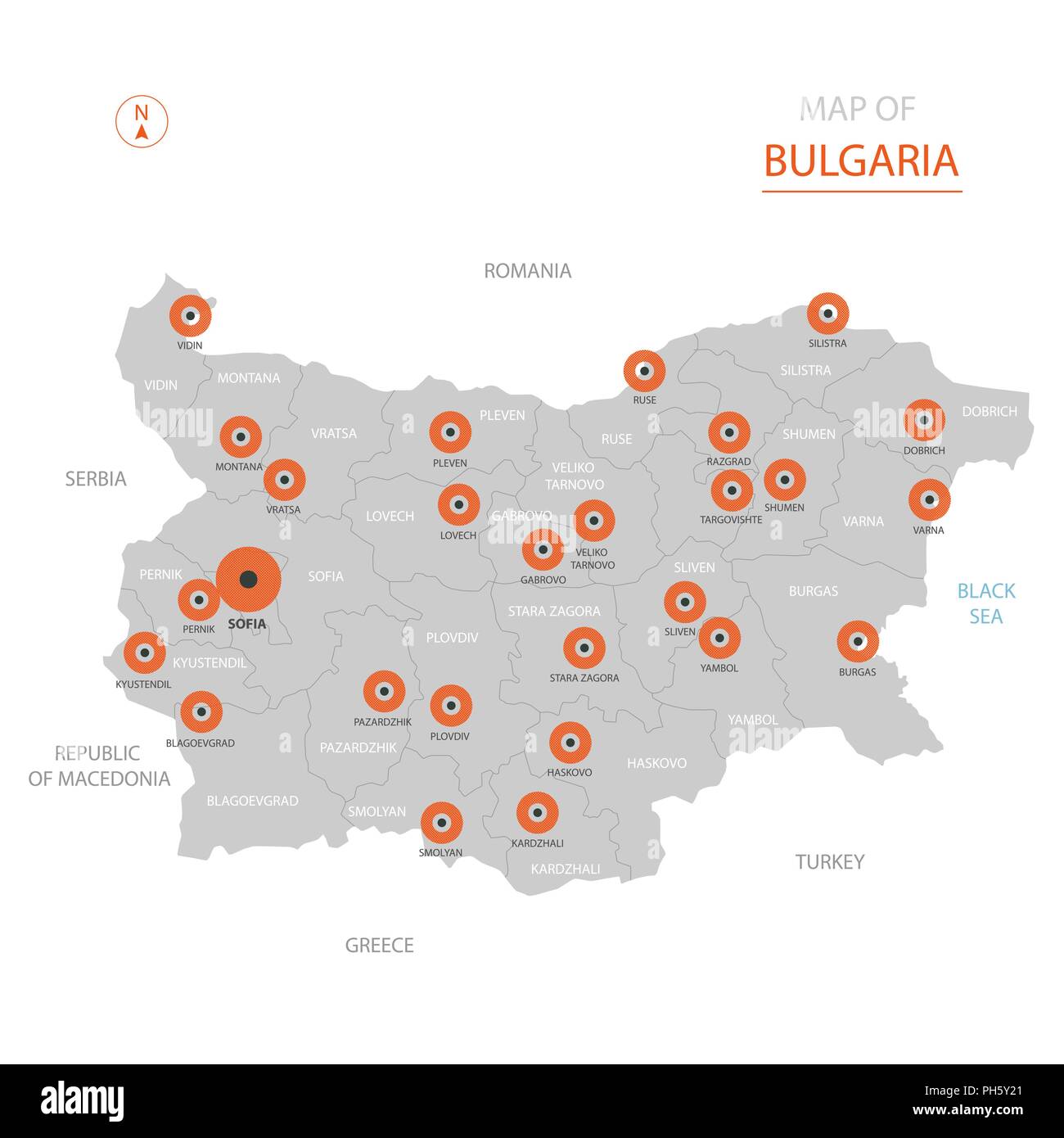 Stylized vector Bulgaria map showing big cities, capital Sofia ...