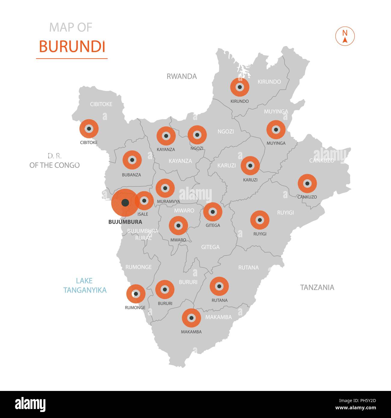 Stylized Vector Burundi Map Showing Big Cities Capital Bujumbura