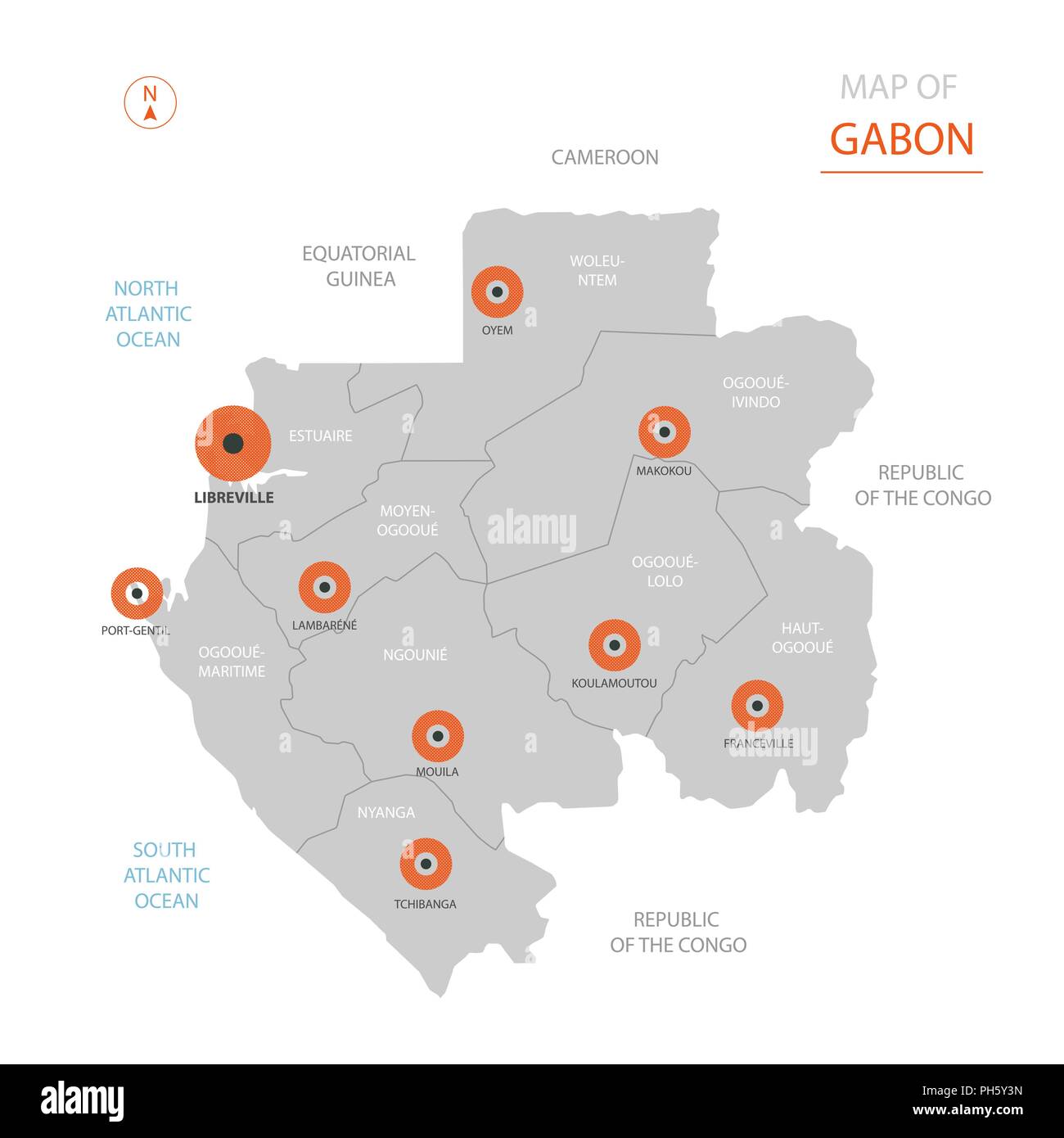 Stylized vector Gabon map showing big cities, capital Libreville ...