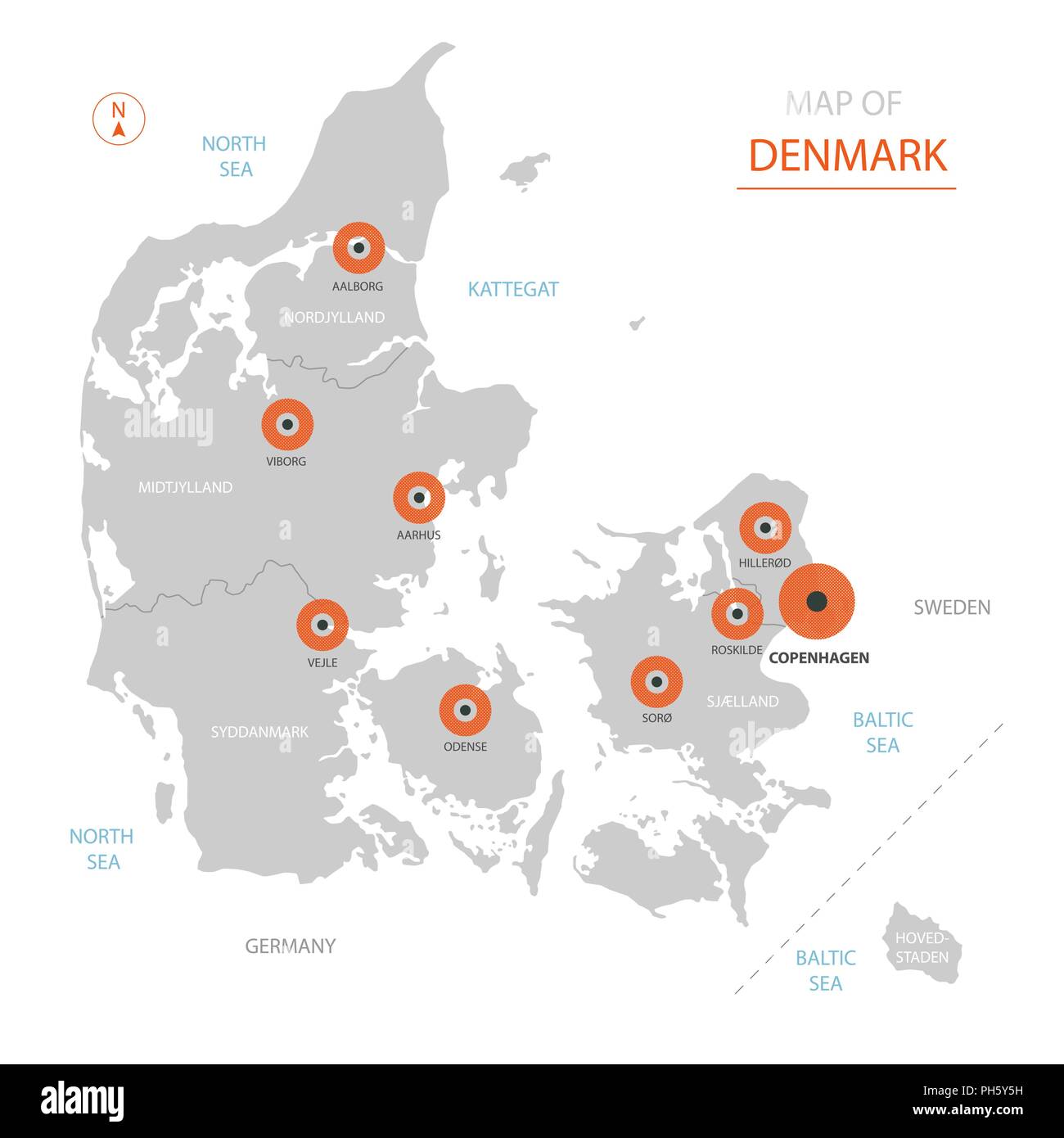 Stylized vector Denmark map showing big cities, capital Copenhagen, administrative divisions and ...