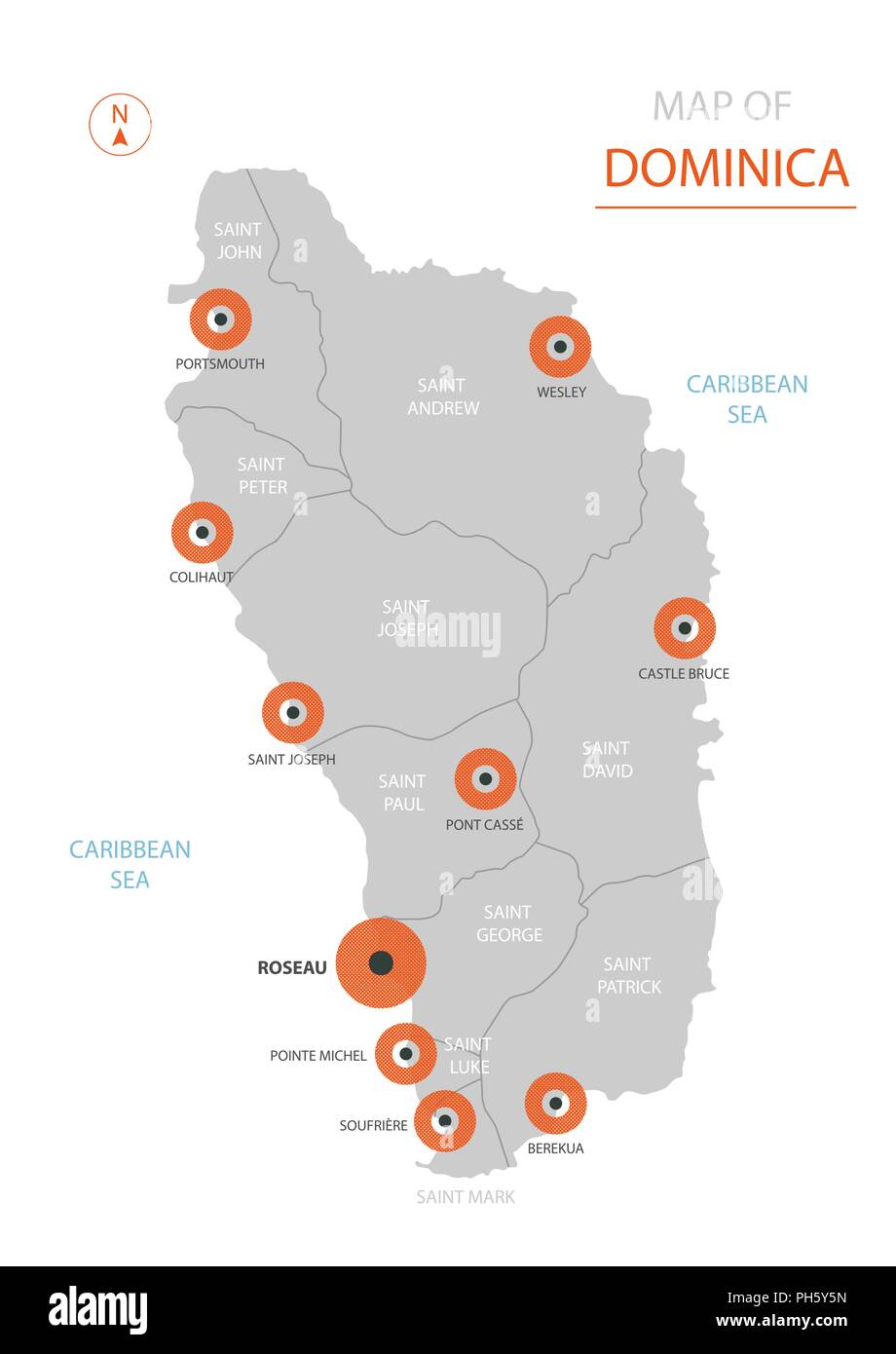 Stylized vector Dominica map showing big cities, capital Roseau ...
