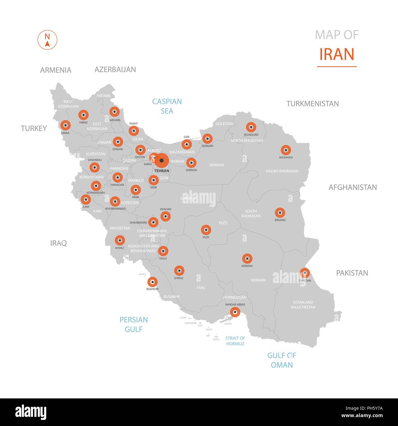 Stylized vector Iran map showing big cities, capital Tehran ...