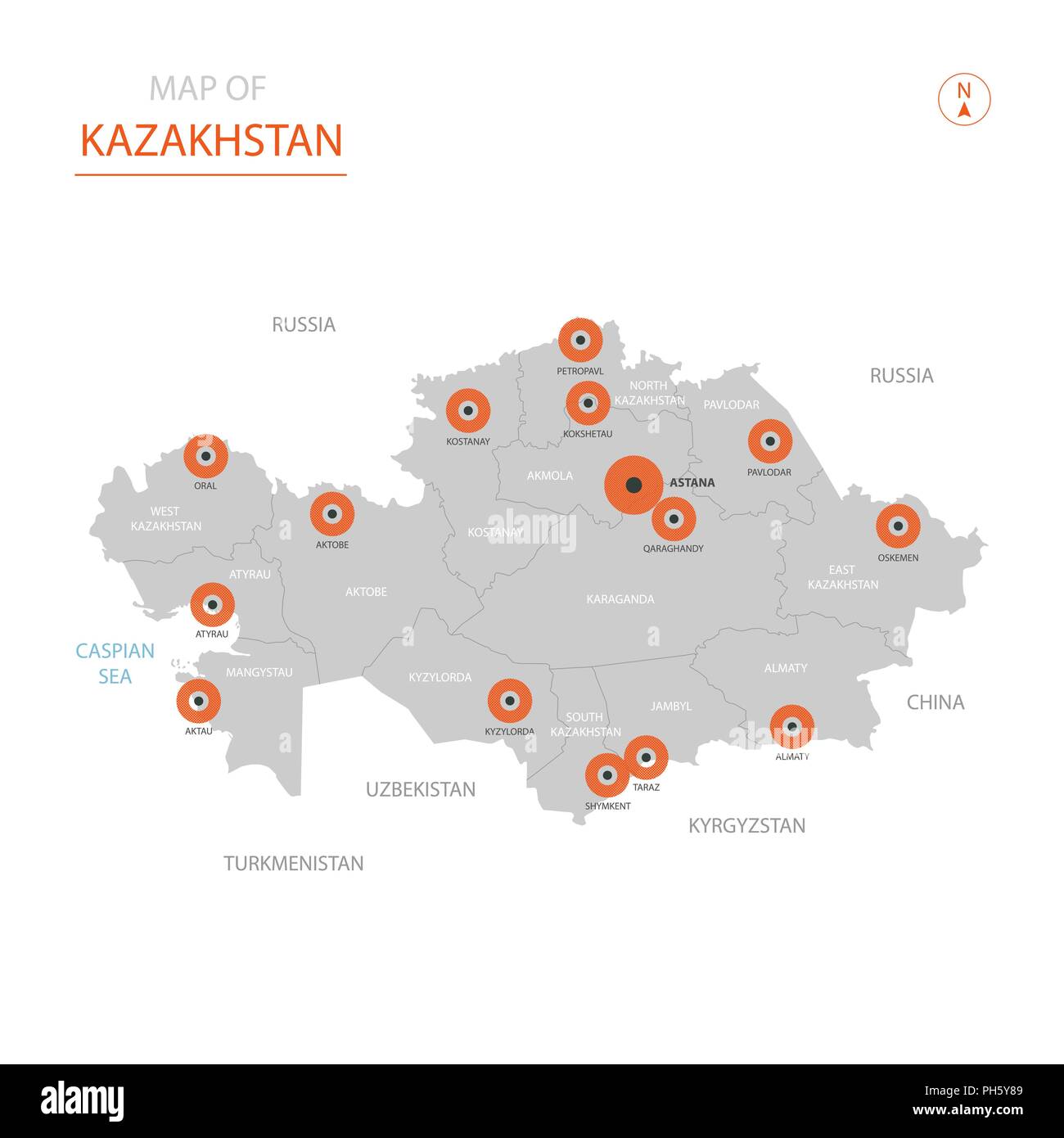 Stylized vector Kazakhstan map showing big cities, capital Astana ...