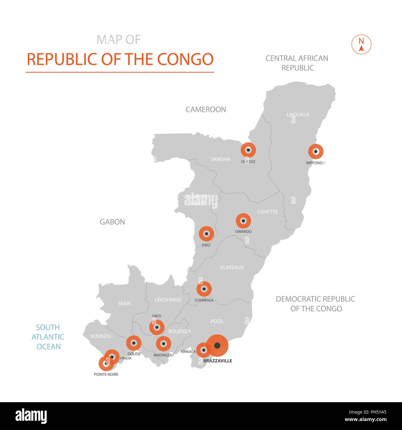 Stylized vector Republic of the Congo map showing big cities, capital ...