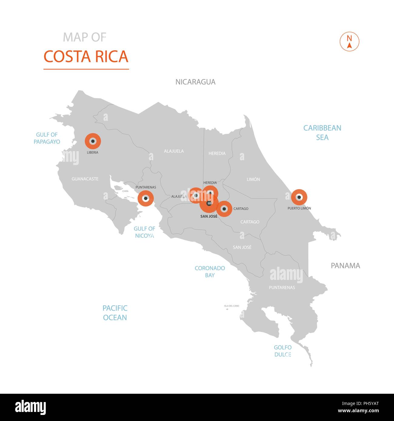 Stylized vector Costa Rica map showing big cities, capital San Jose ...