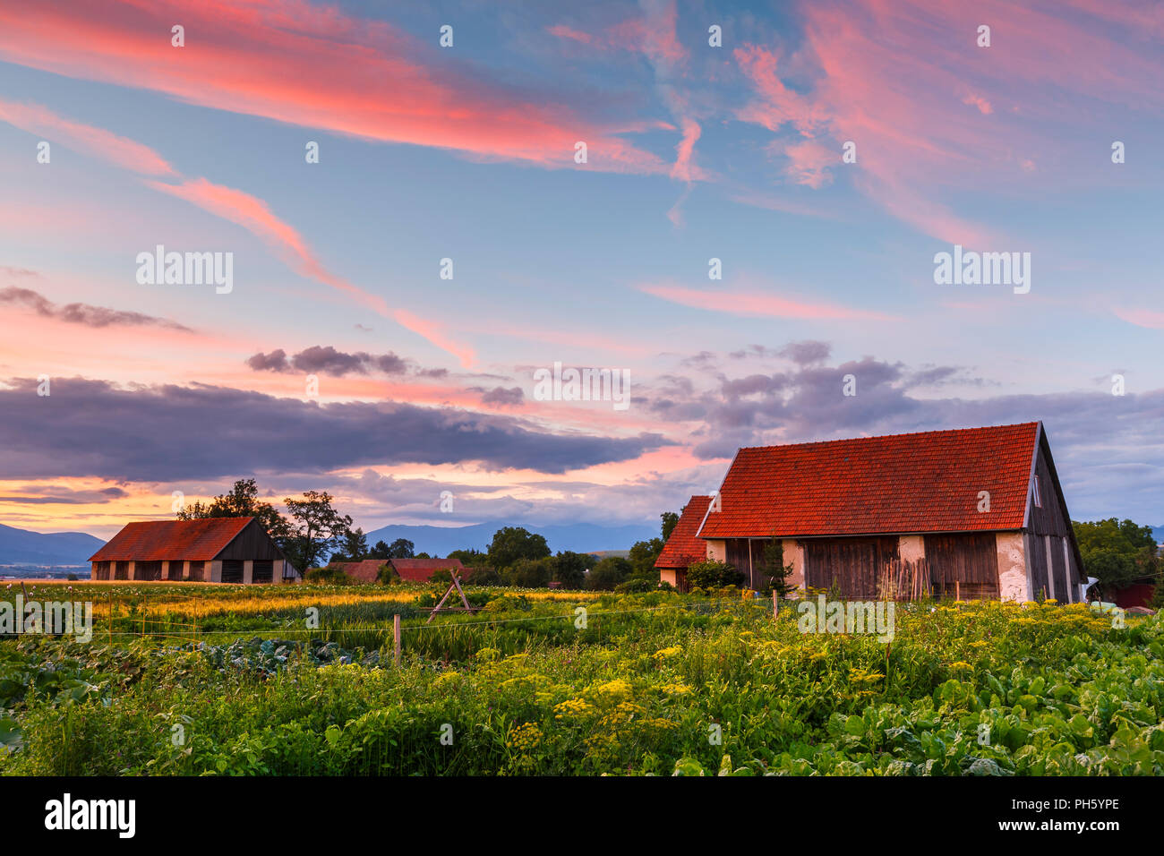 Rural landscape with traditional barns in Turiec region, central ...