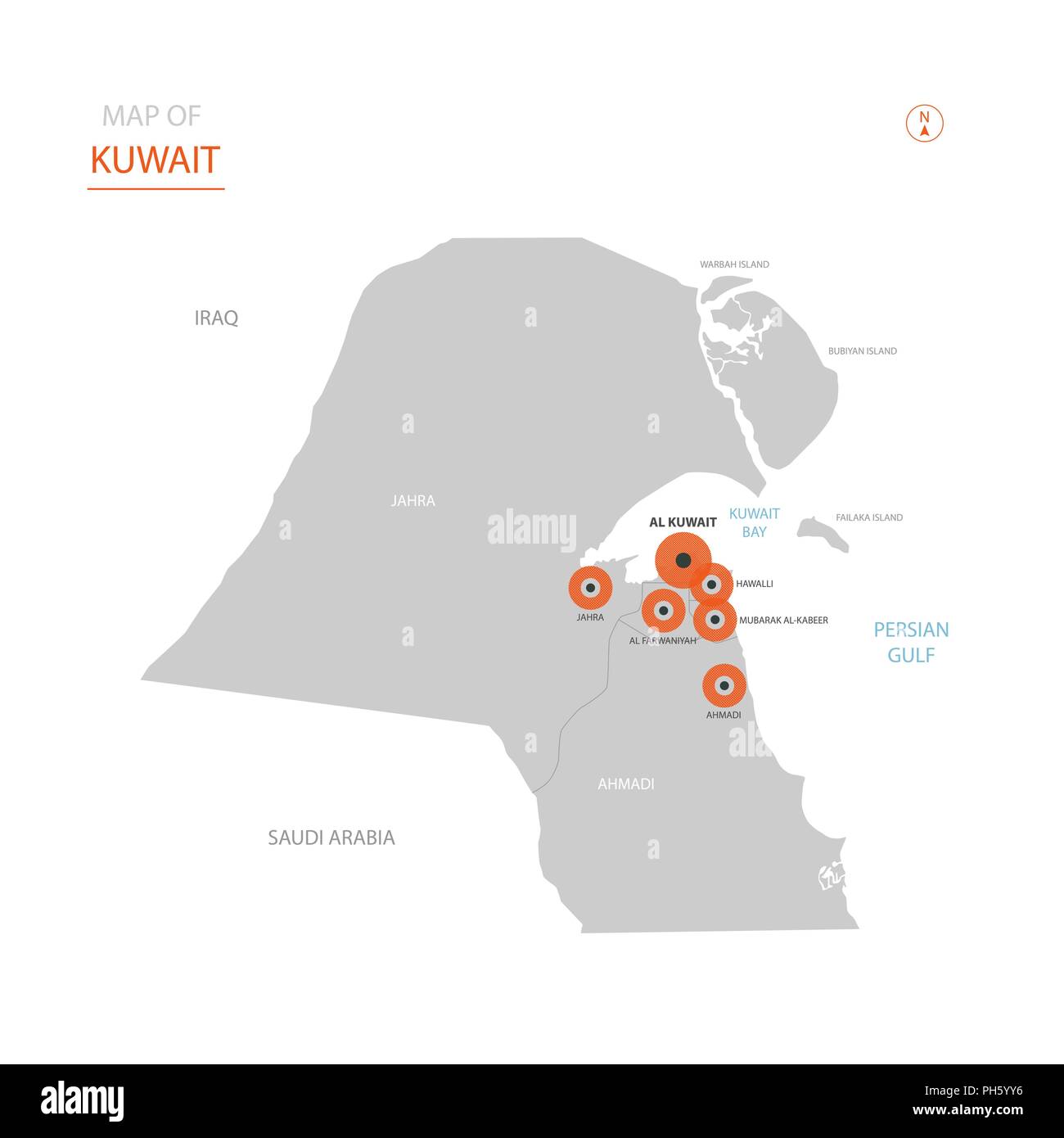 Stylized vector Kuwait map showing big cities, capital Kuwait City ...