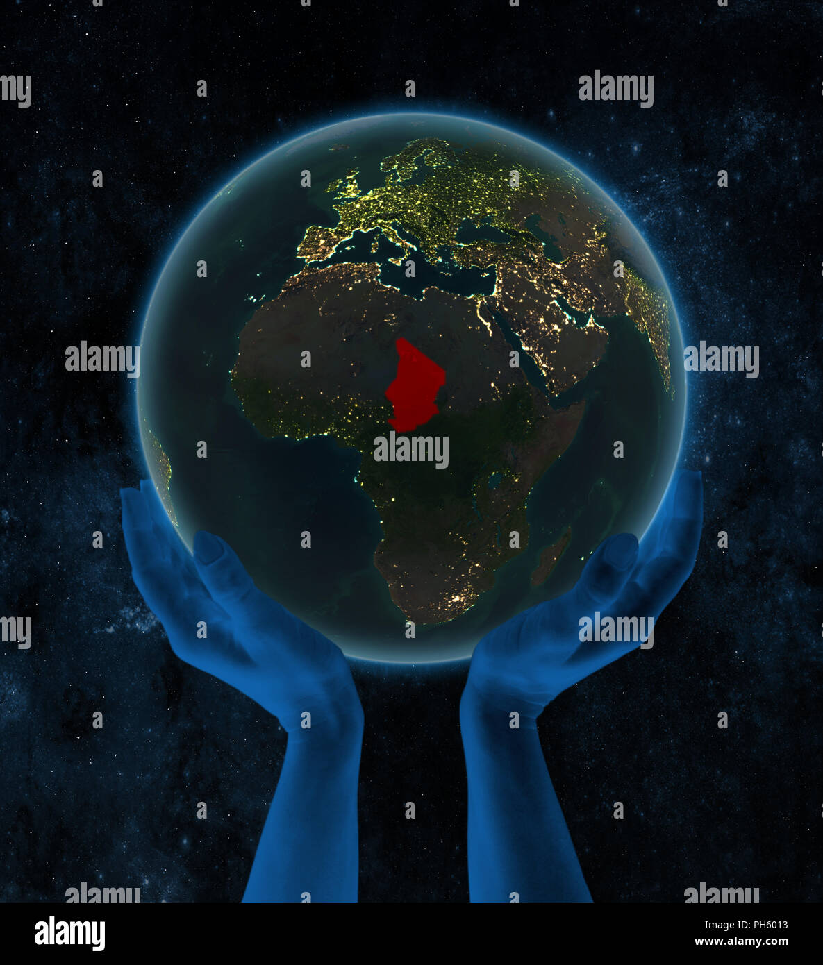 Chad on night Earth in hands in space. 3D illustration Stock Photo - Alamy