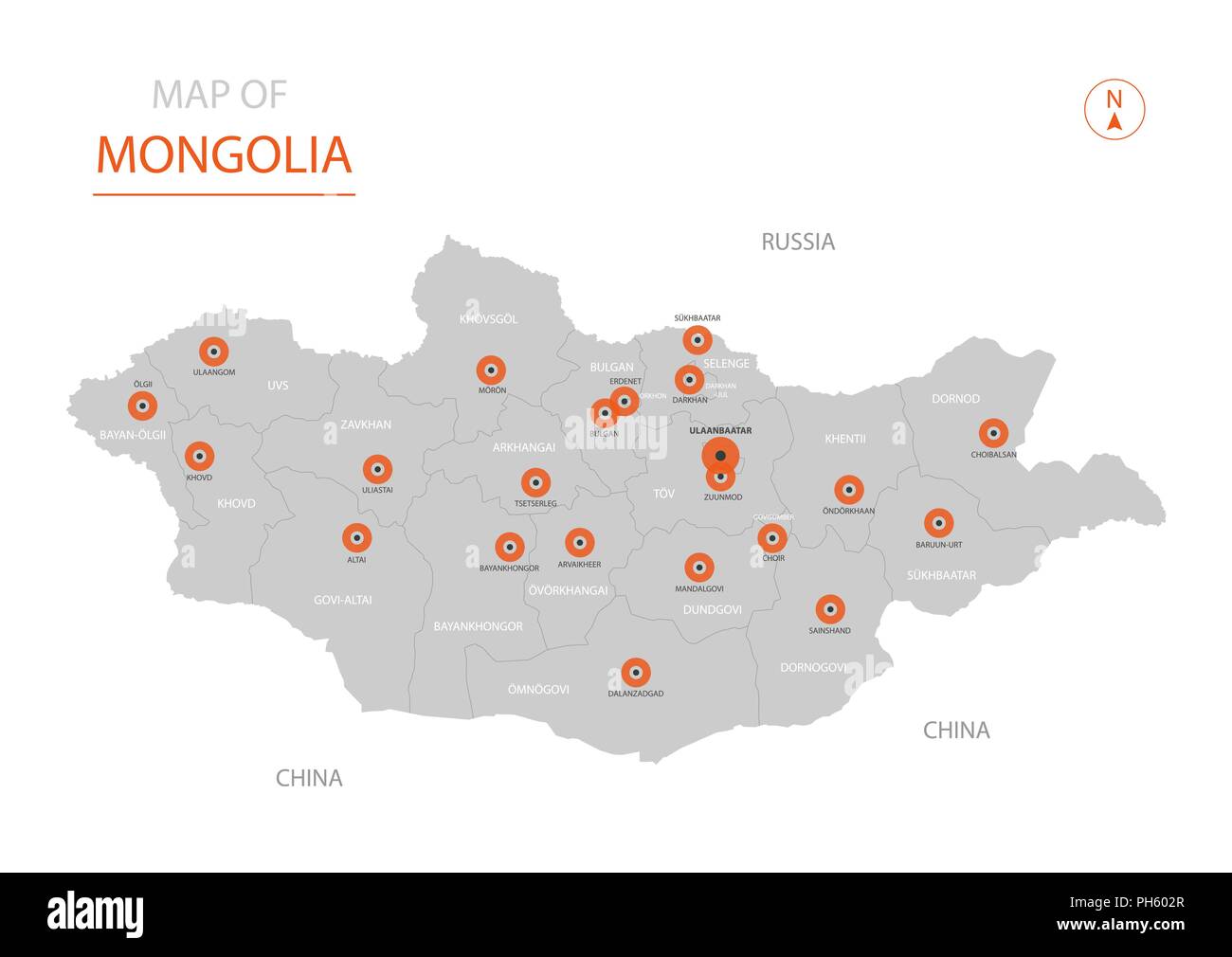 Stylized vector Mongolia map showing big cities, capital Ulaanbaatar, administrative divisions ...