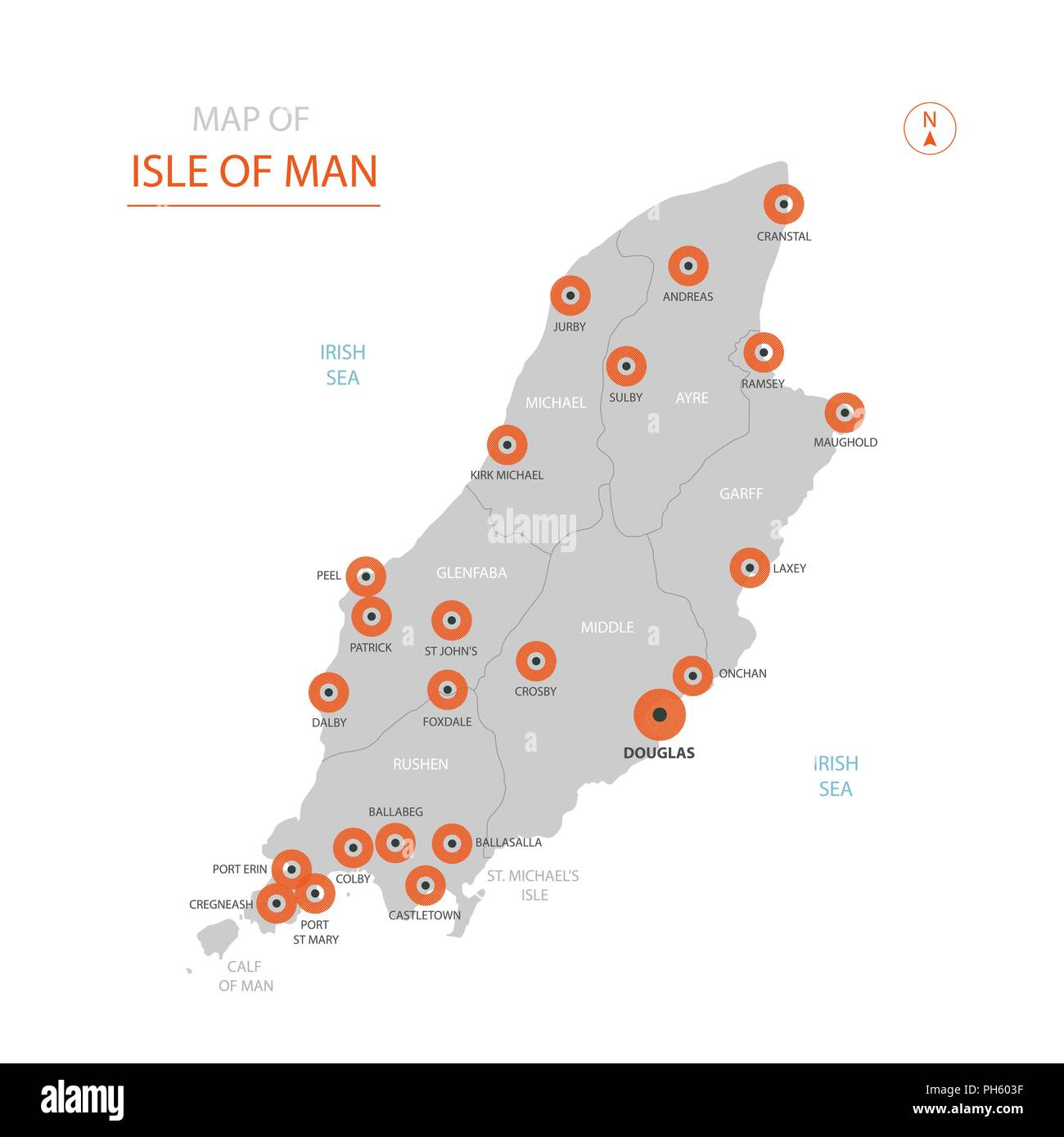 Stylized vector Isle of Man map showing big cities, capital Douglas ...