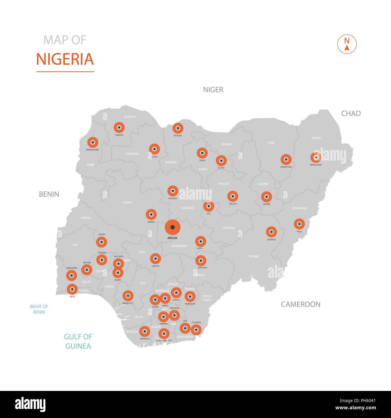 Stylized vector Nigeria map showing big cities, capital Abuja ...