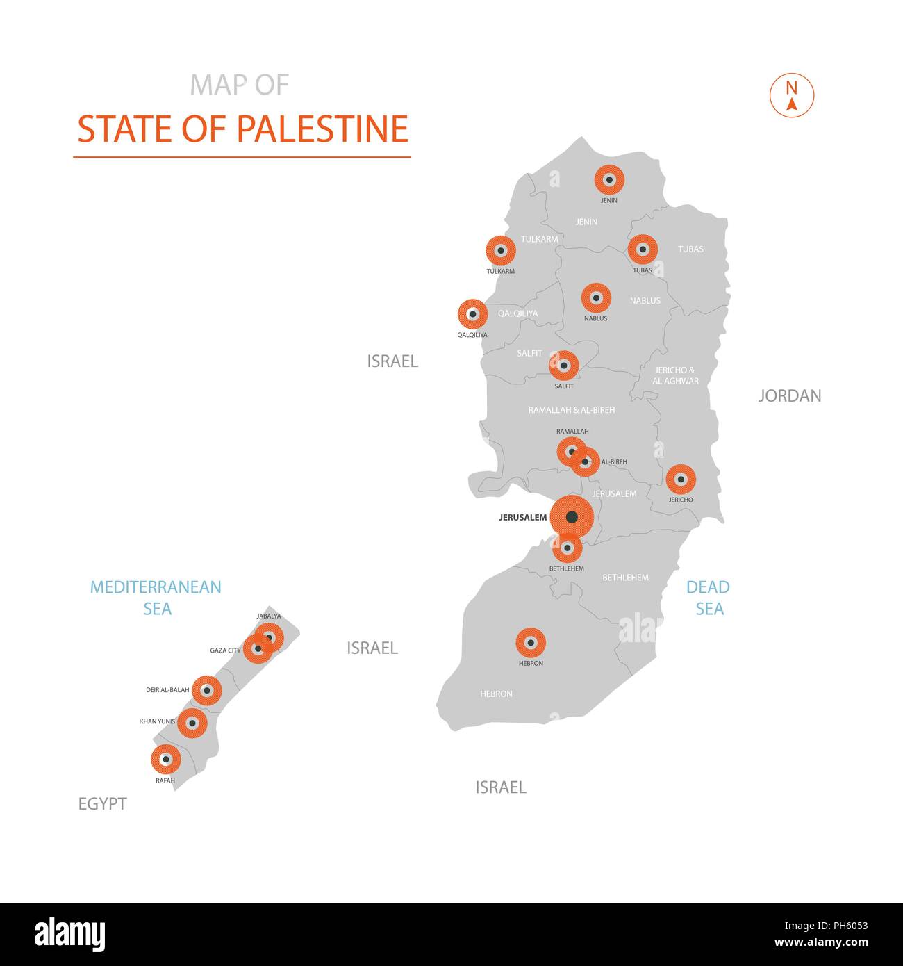 Stylized vector State of Palestine map showing big cities, capital ...