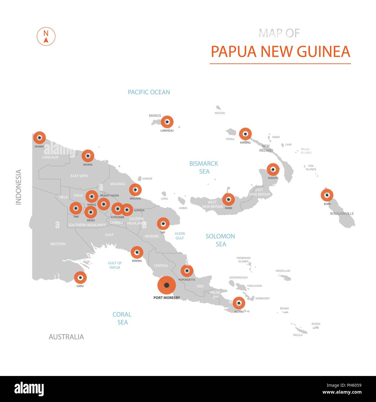 Stylized vector Papua New Guinea map showing big cities, capital Port ...