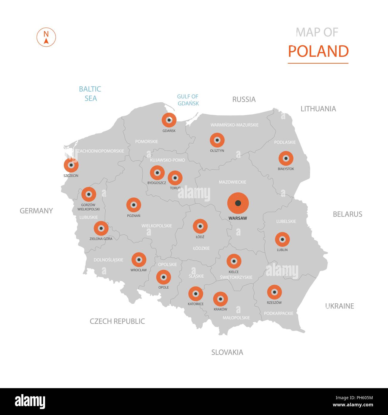 Stylized vector Poland map showing big cities, capital Warsaw ...