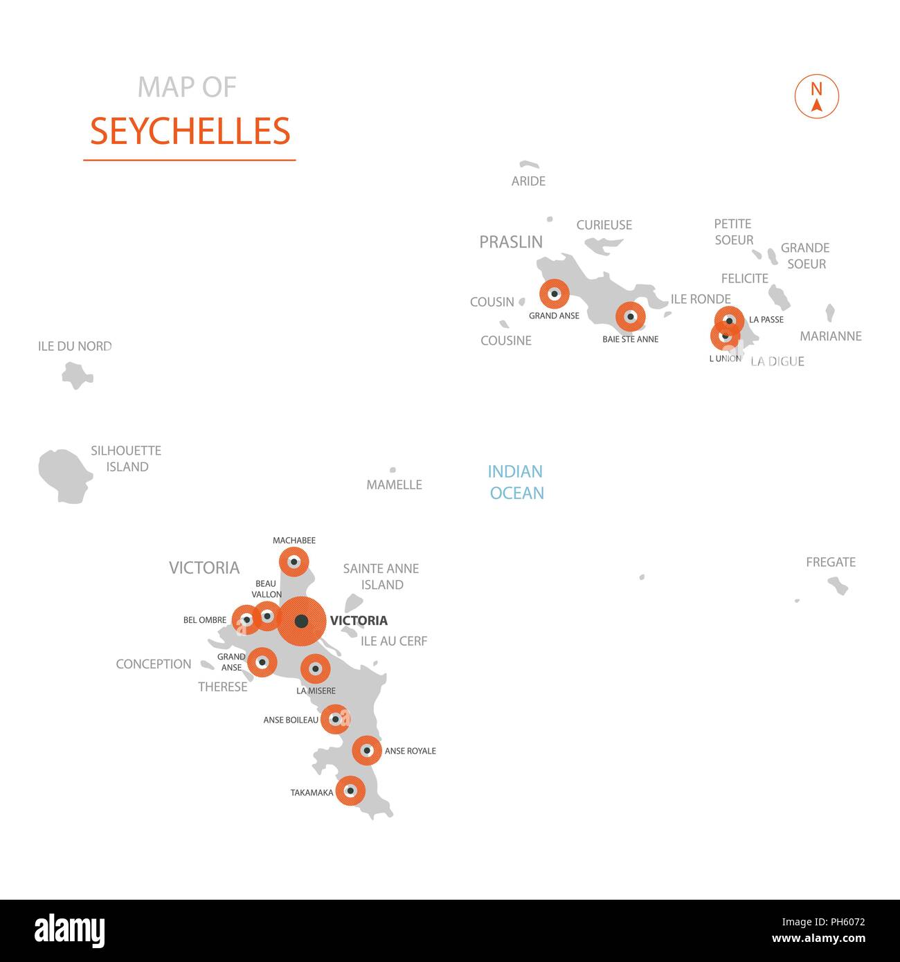 Stylized vector Seychelles map showing big cities, capital Victoria ...