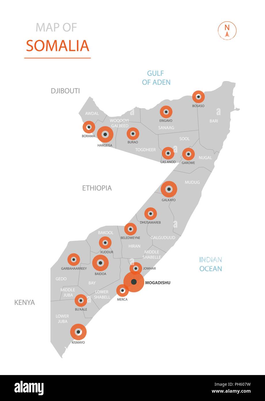 Stylized vector Somalia map showing big cities, capital Mogadishu ...