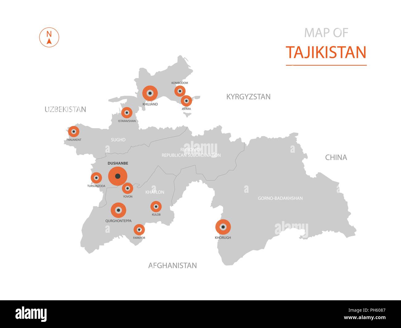 Stylized vector Tajikistan map showing big cities, capital Dushanbe ...