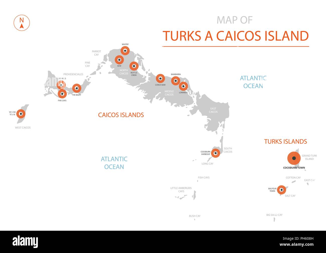 Stylized vector Turks and Caicos Islands map showing big cities ...