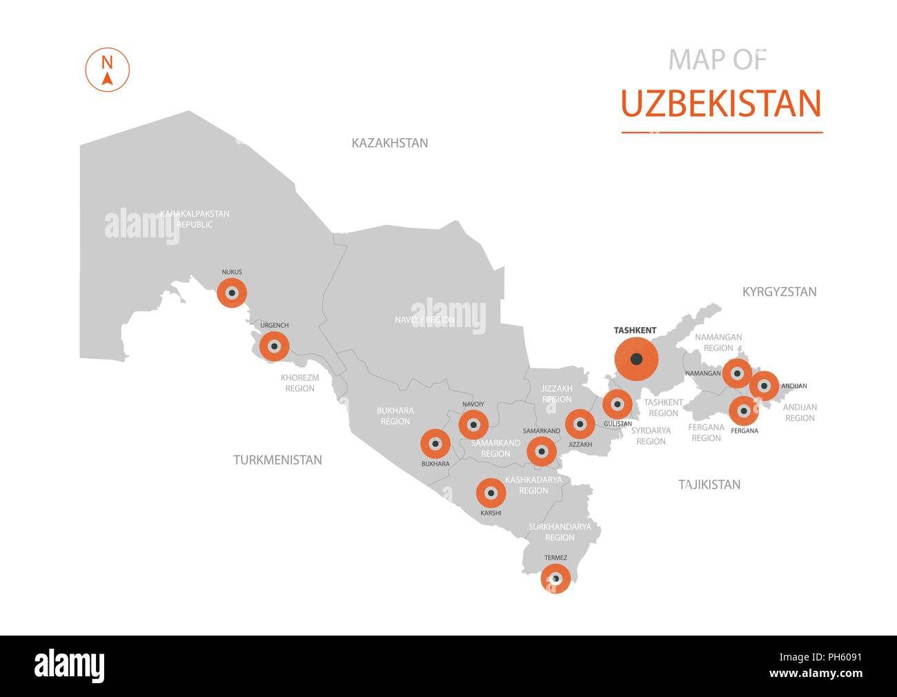 Stylized vector Uzbekistan map showing big cities, capital Tashkent ...
