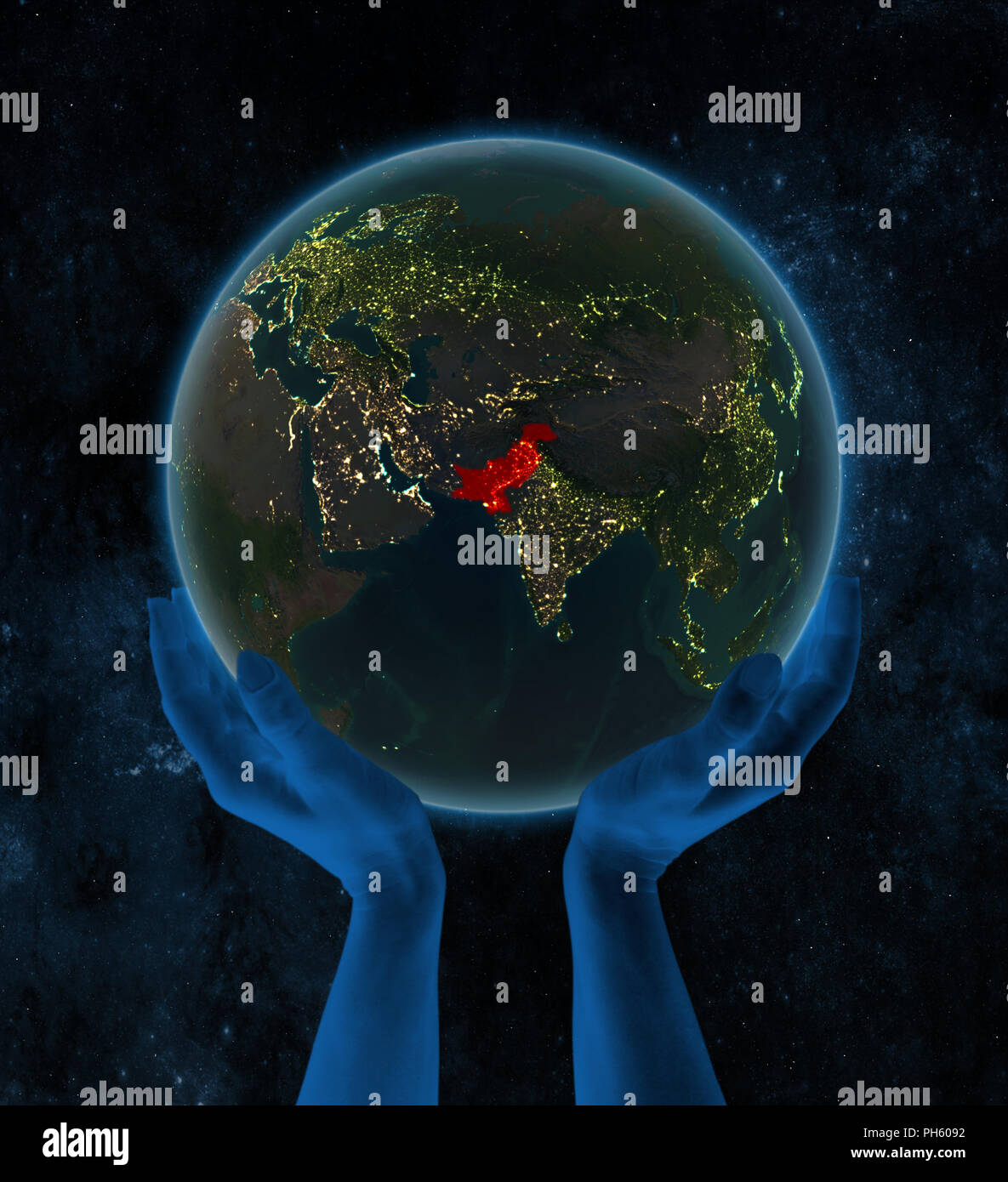 Pakistan on night Earth in hands in space. 3D illustration Stock Photo ...