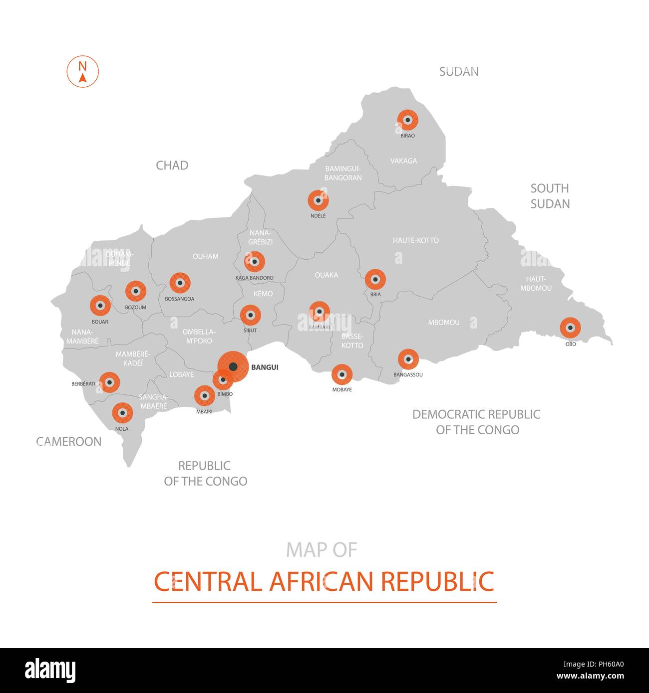Stylized vector Central African Republic map showing big cities ...