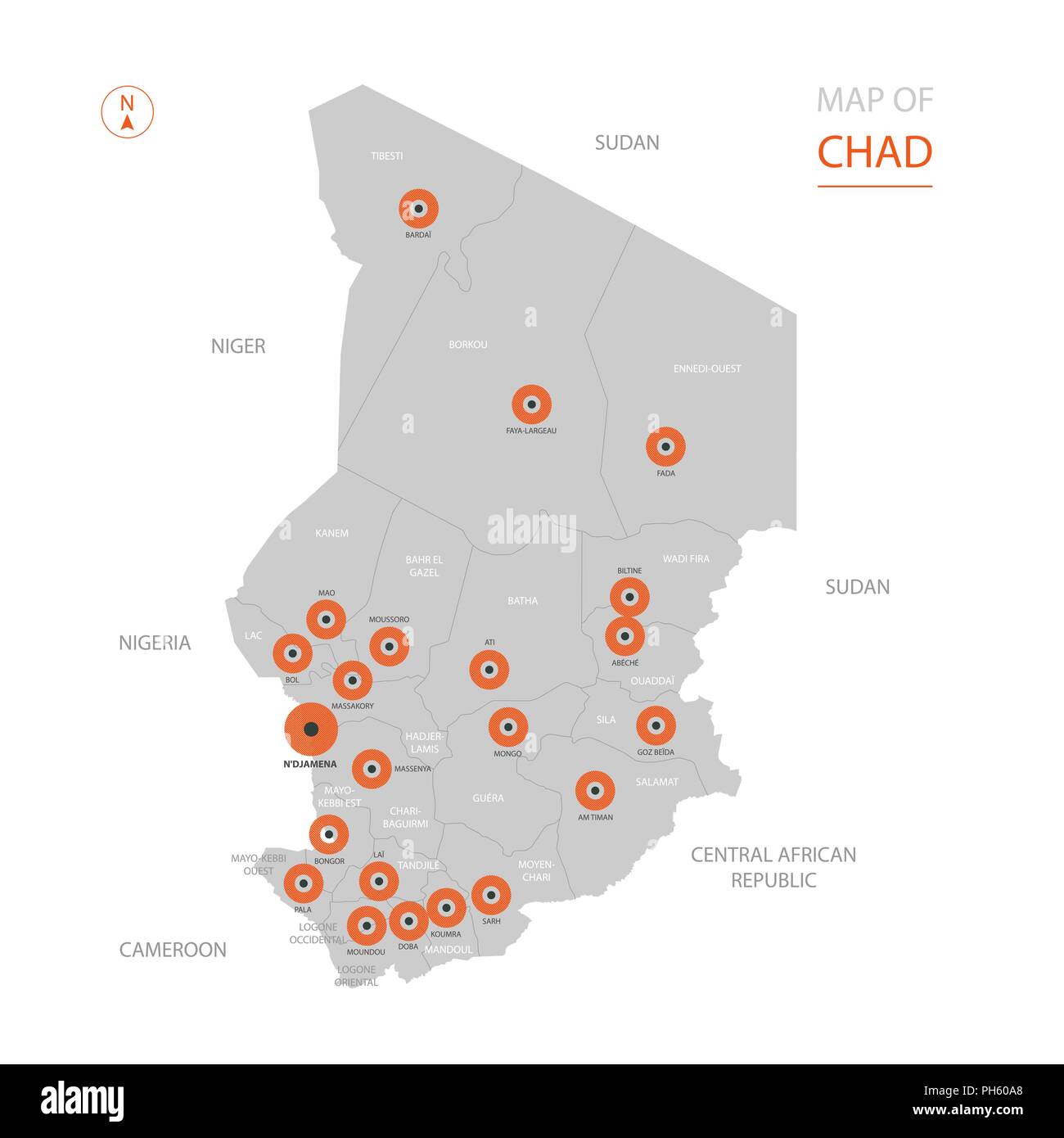 Stylized vector Chad map showing big cities, capital N'Djamena ...