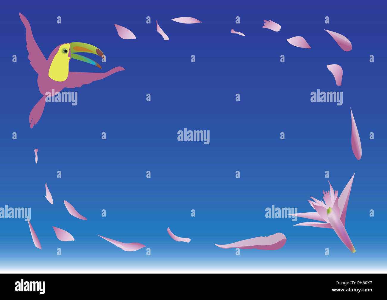 A flying colorful toucan and a pink exotic flower with scattered petals ...