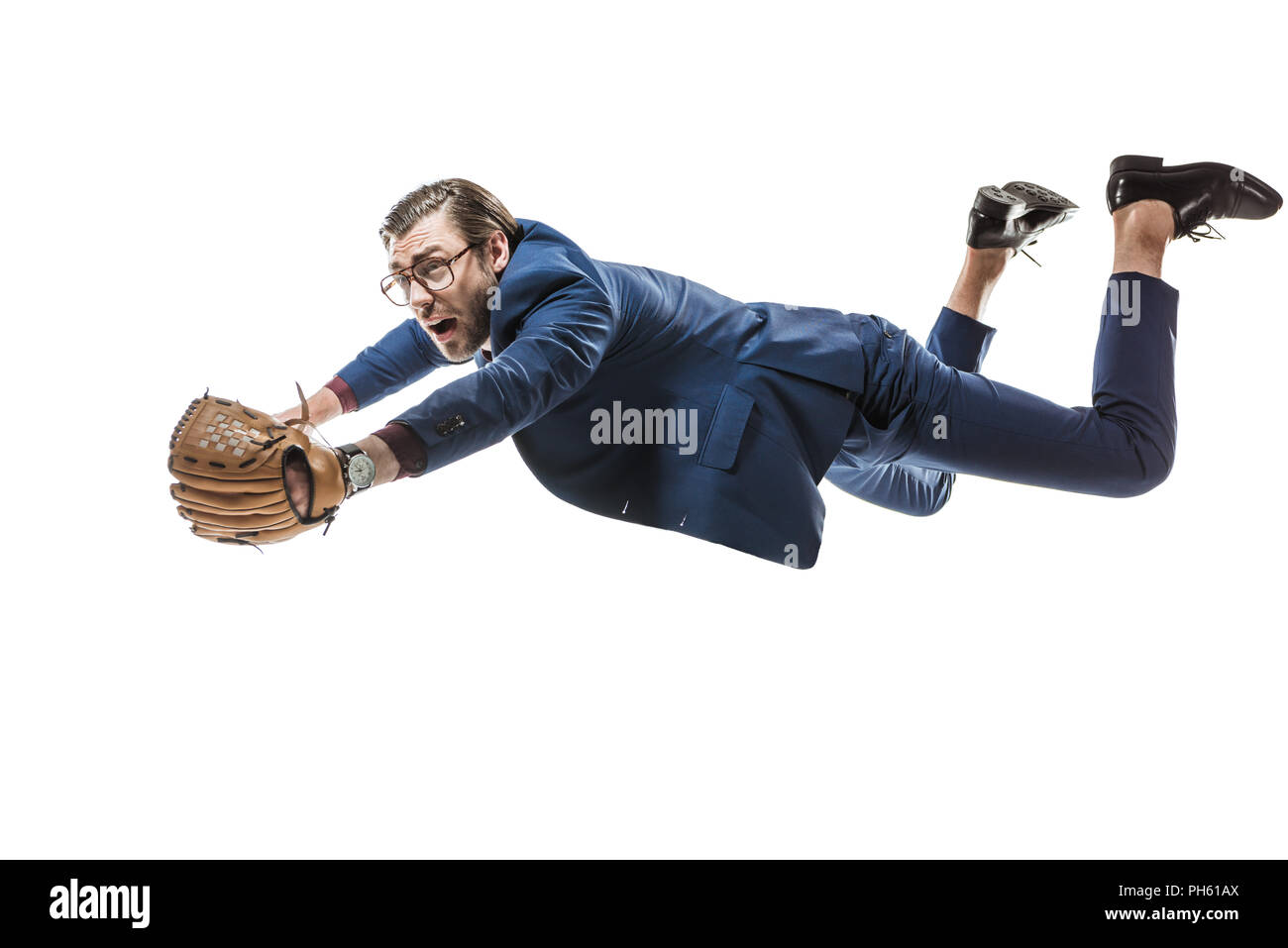 businessman in baseball glove falling and looking away isolated on ...