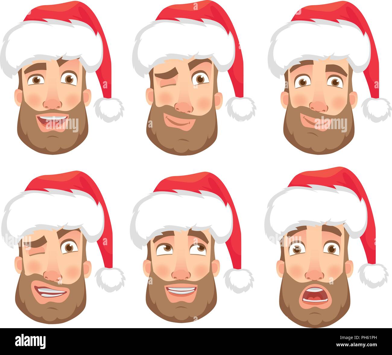 Man in Santa Claus hat. Human emotions set. Face of man with beard ...