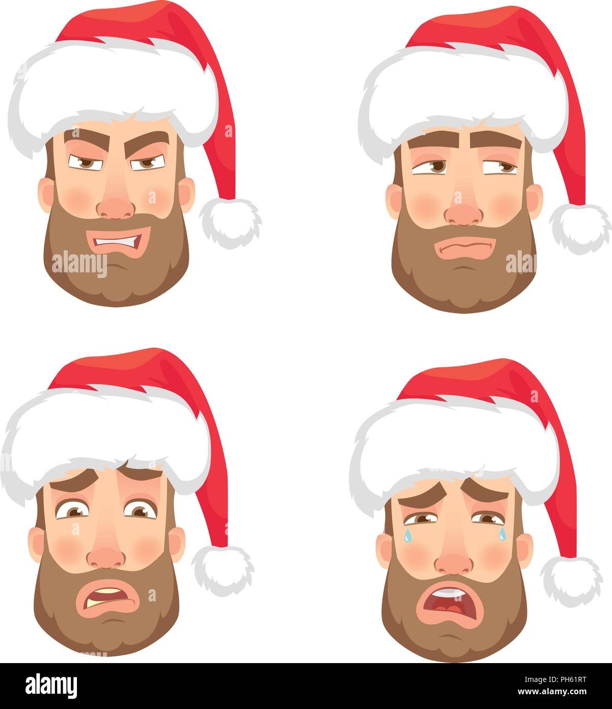 Man in Santa Claus hat. Human emotions set. Face of man with beard ...