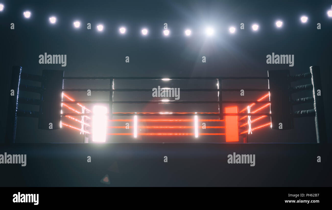 Boxing ring with shiny lights. Dramatic sport background. 3D ...