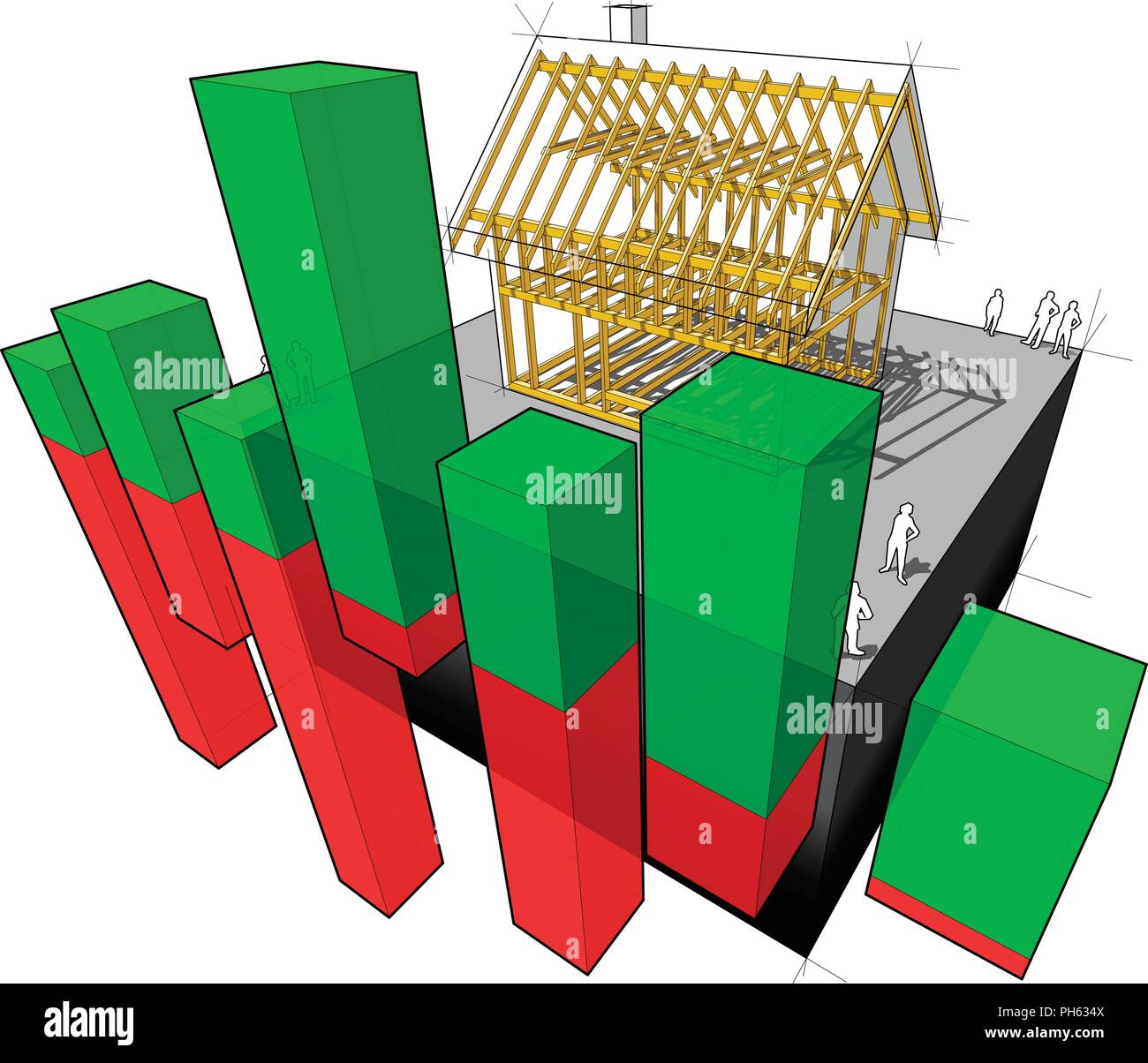 simple detached house with wooden framework construction with abstract ...