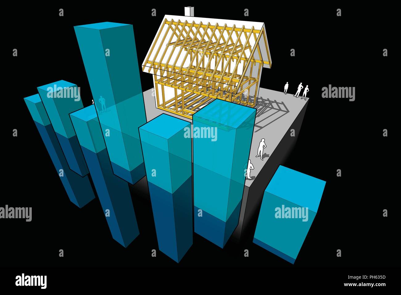 simple detached house with wooden framework construction with abstract ...