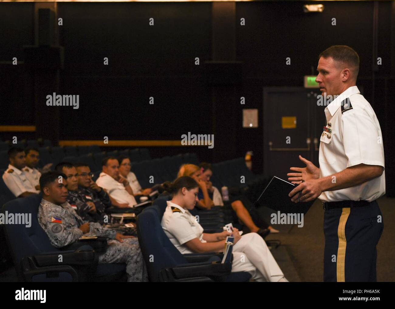 PEARL HARBOR, Hawaii (June 29, 2018) Lt. Col. James Smith, speaks to ...