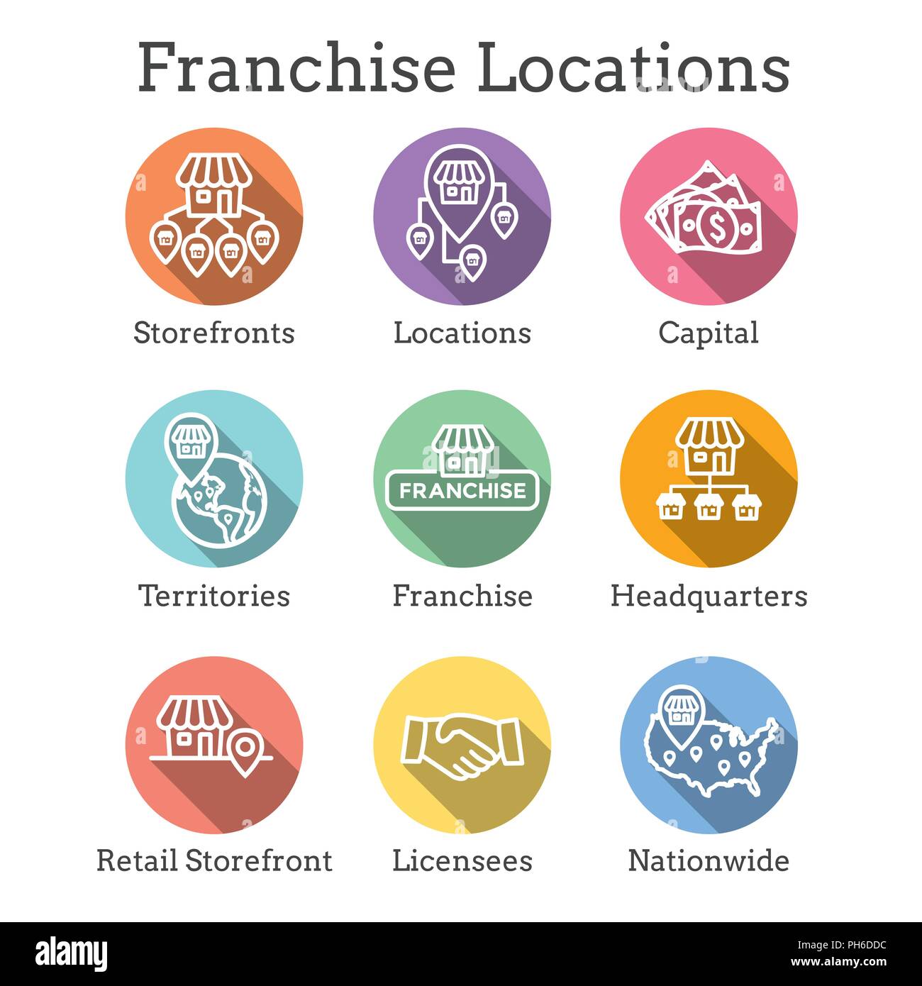 Franchise Icon Set w Home Office, corporate Headquarters and Franchisee ...