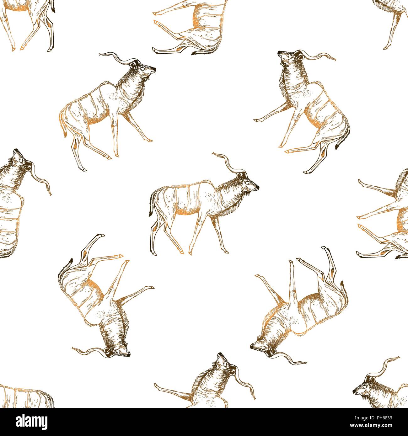 Seamless pattern of hand drawn sketch style lesser kudu antelope ...