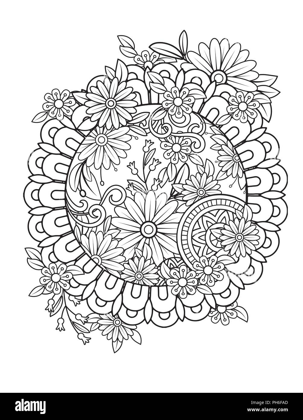 Floral mandala pattern in black and white. Adult coloring book page ...