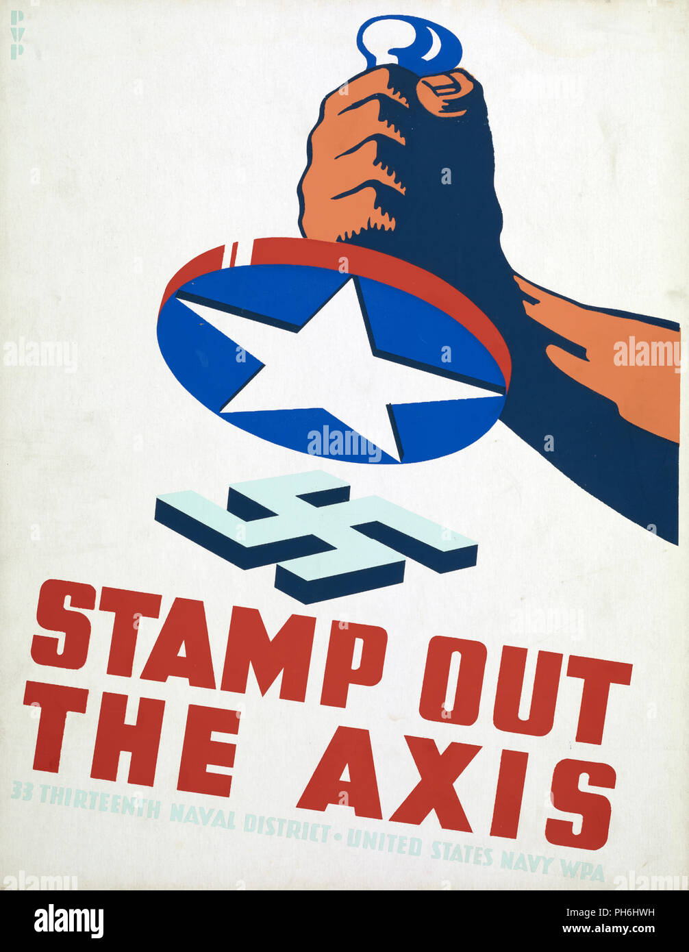 Poster shows a fist holding a stamp with an American star ready to ...