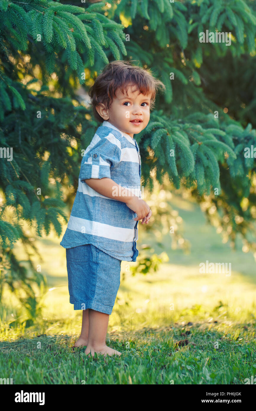 Cute adorable little Caucasian coloured boy child in blue shirt and ...