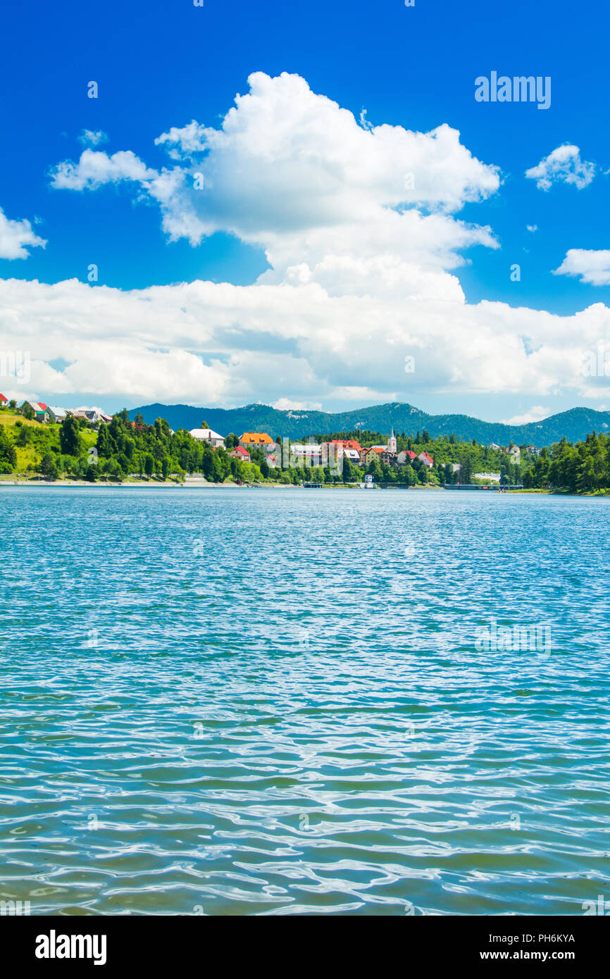 Panorama of beautiful town of Fuzine on Lake Bajer, Gorski kotar ...