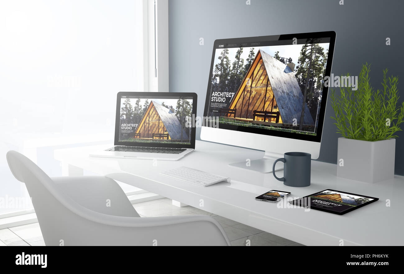 3d rendering of desktop with all devices showing architect design website. All screen graphics ...