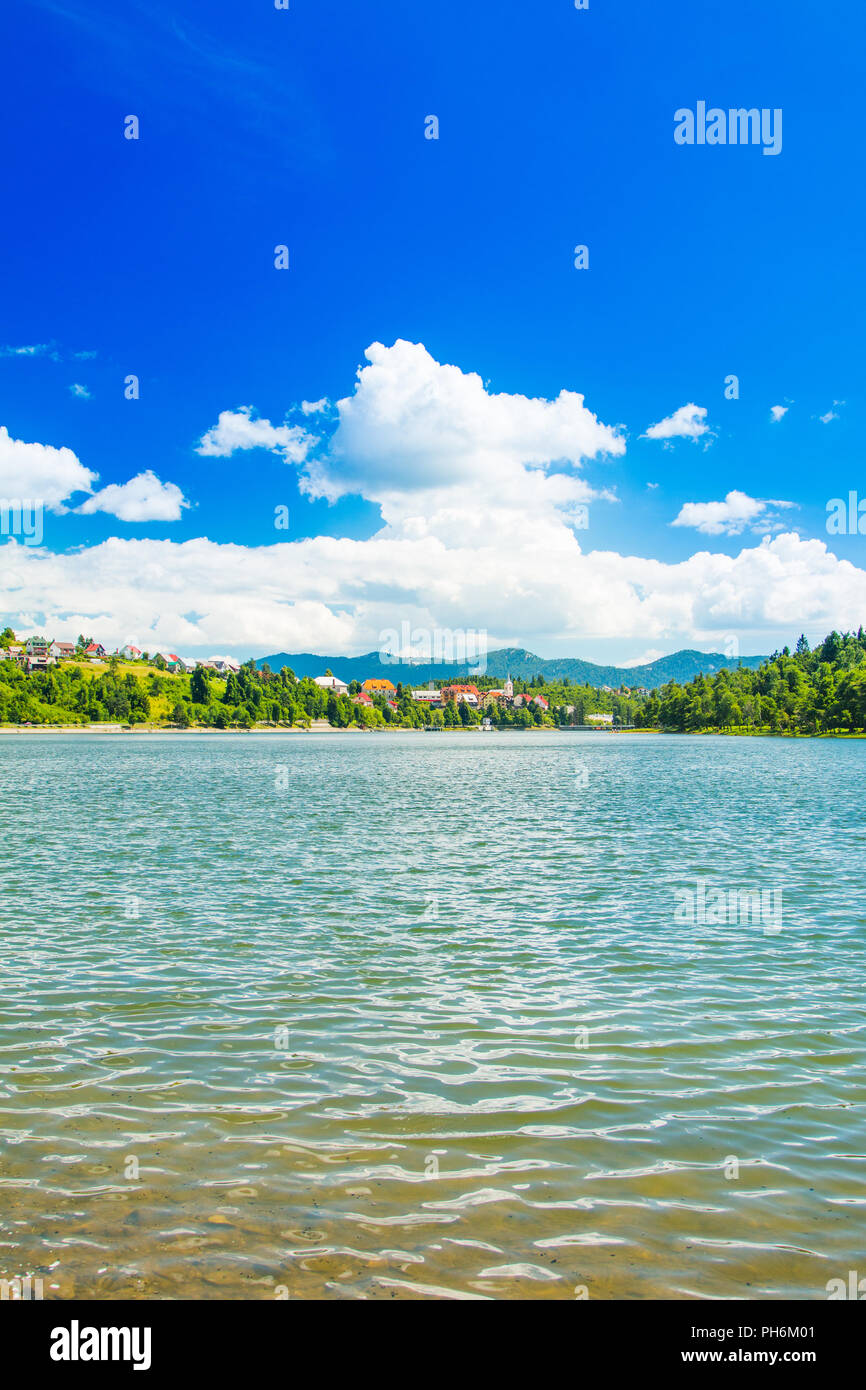 Panorama of beautiful town of Fuzine on Lake Bajer, Gorski kotar ...