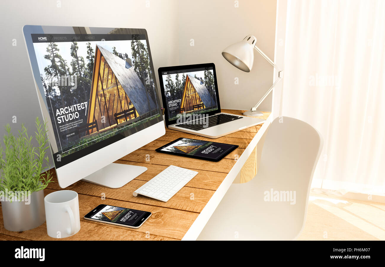Digital generated devices over a wooden table with architect responsive ...