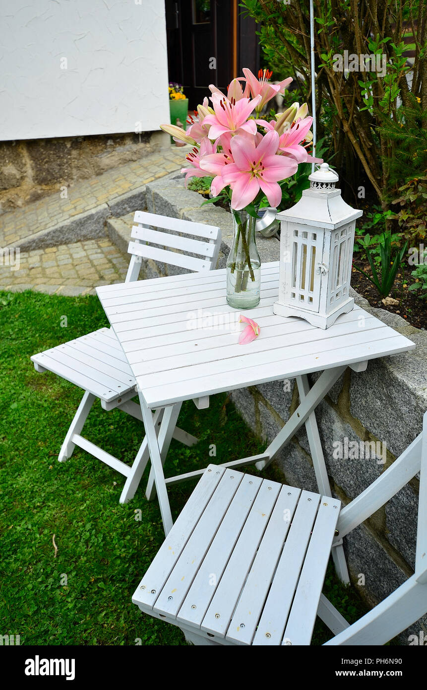 pink lily garden Early Spring shabby chic Stock Photo - Alamy